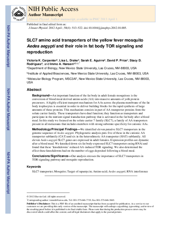 (PDF) SLC7 amino acid transporters of the yellow fever mosquito Aedes ...