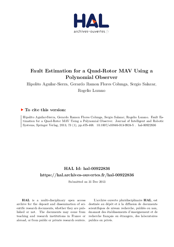 (PDF) Fault Estimation for a Quad-Rotor MAV Using a Polynomial Observer