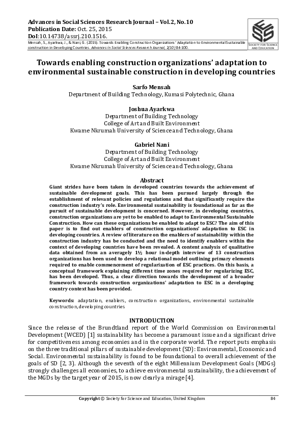 (PDF) Towards enabling construction organizations’ adaptation to environmental sustainable ...