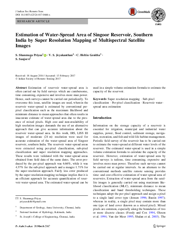 (PDF) Estimation of Water-Spread Area of Singoor Reservoir, Southern ...