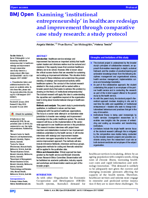(PDF) Examining 'institutional entrepreneurship' in healthcare redesign ...