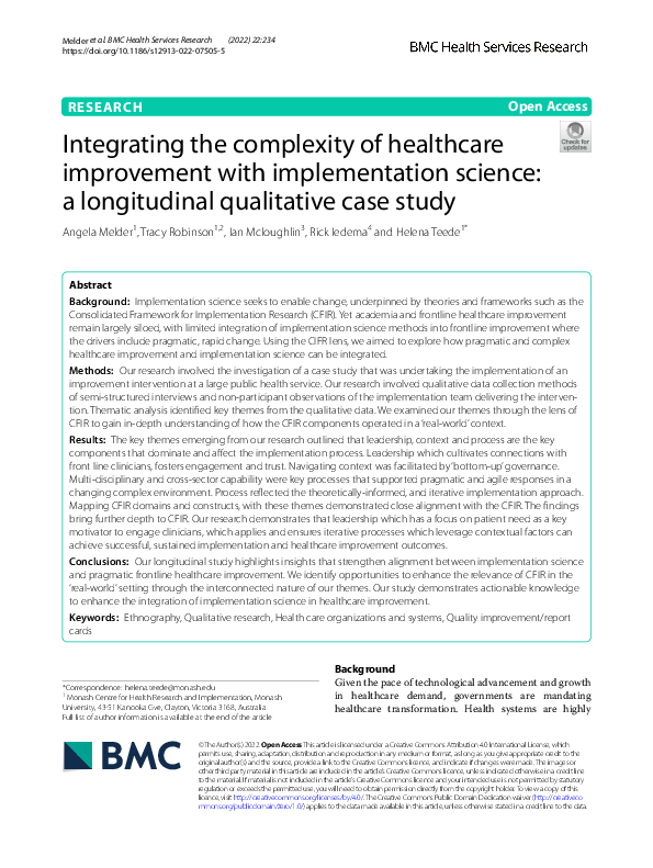 (PDF) Integrating the complexity of healthcare improvement with implementation science: a ...