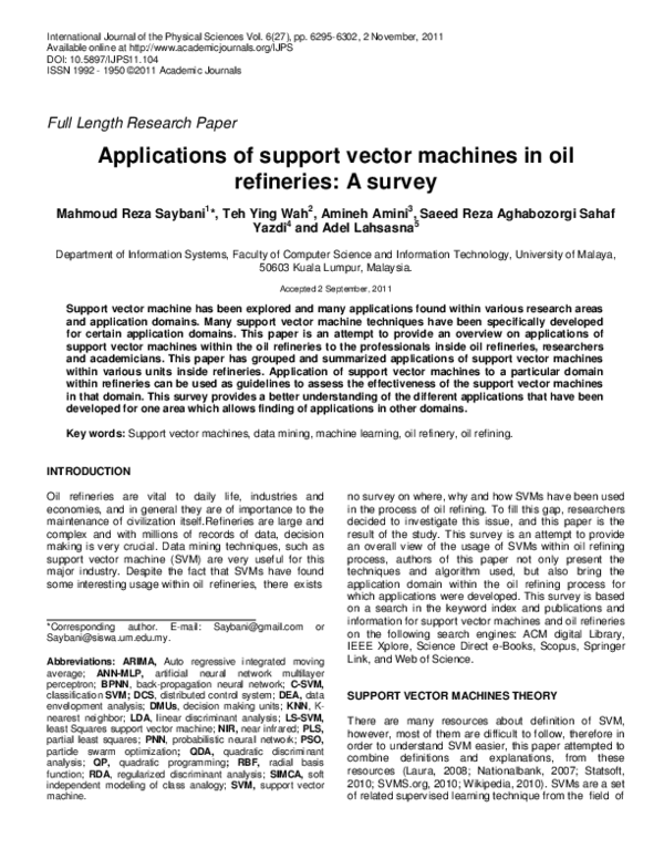 (PDF) Applications of support vector machines in oil refineries: A survey