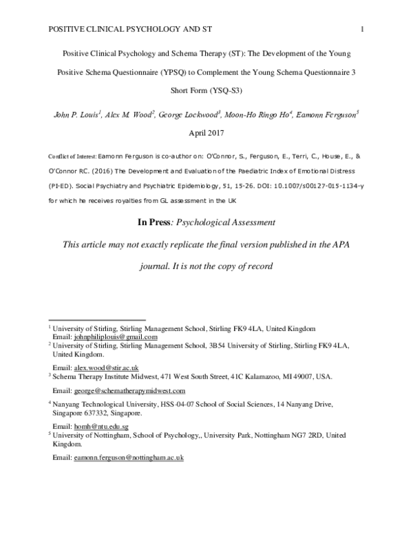 (PDF) Positive clinical psychology and Schema Therapy (ST): The ...