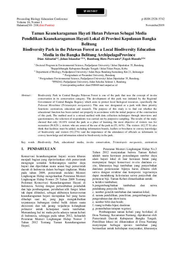 (PDF) Taman Keanekaragaman Hayati Hutan Pelawan Sebagai Media ...