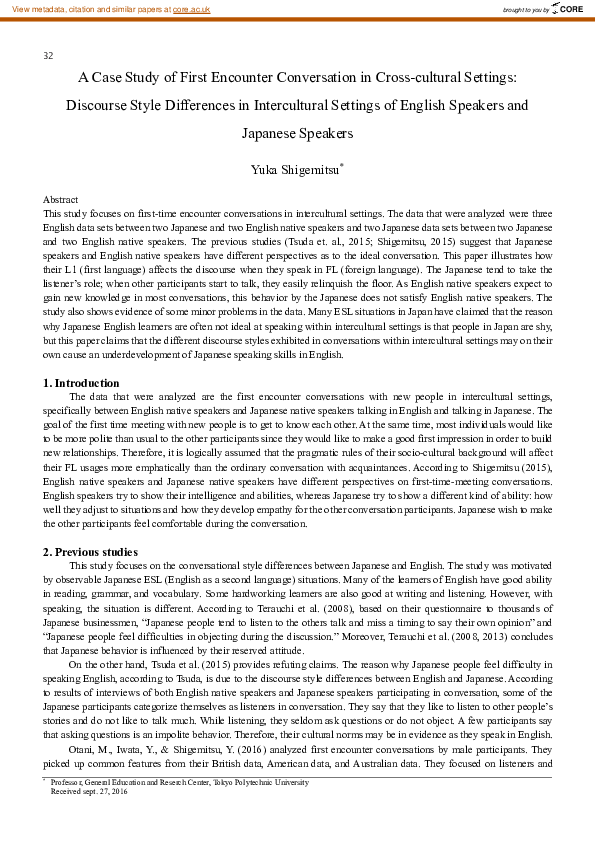 (PDF) A Case Study of First Encounter Conversation in Cross-cultural ...