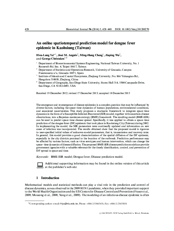 Pdf An Online Spatiotemporal Prediction Model For Dengue Fever Epidemic In Kaohsiung Taiwan