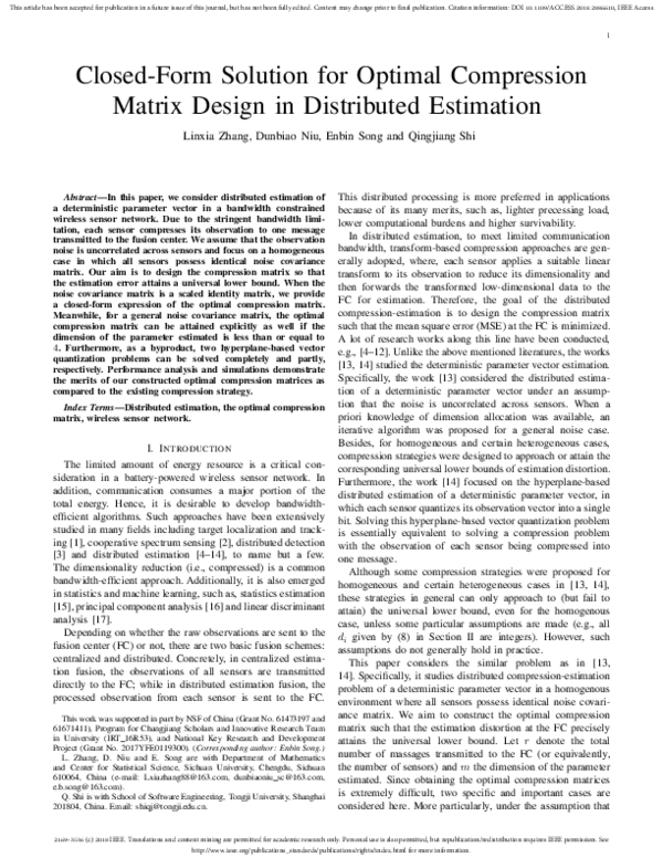 Pdf Closed Form Solution For Optimal Compression Matrix Design In Distributed Estimation