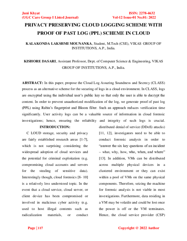 (PDF) PRIVACY PRESERVING CLOUD LOGGING SCHEME WITH PROOF OF PAST LOG (PPL) SCHEME IN CLOUD