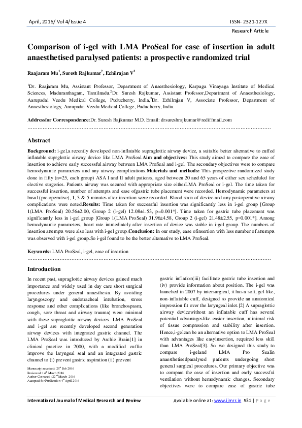 (PDF) Comparison of i-gel with LMA ProSeal for ease of insertion in ...