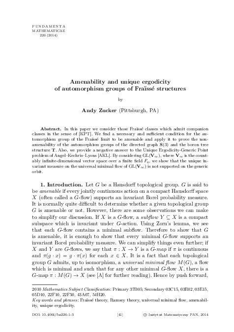 (PDF) Amenability and unique ergodicity of automorphism groups of ...