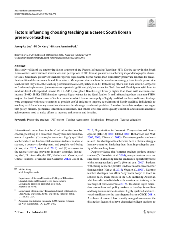(PDF) Factors influencing choosing teaching as a career: South Korean preservice teachers