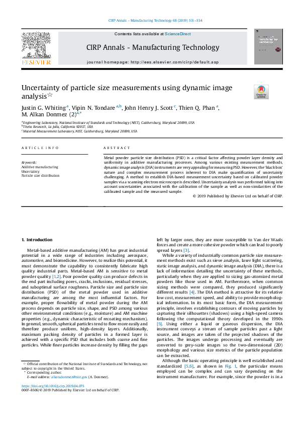 (PDF) Uncertainty of particle size measurements using dynamic image analysis
