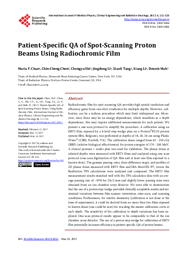 Pdf Patient Specific Qa Of Spot Scanning Proton Beams Using