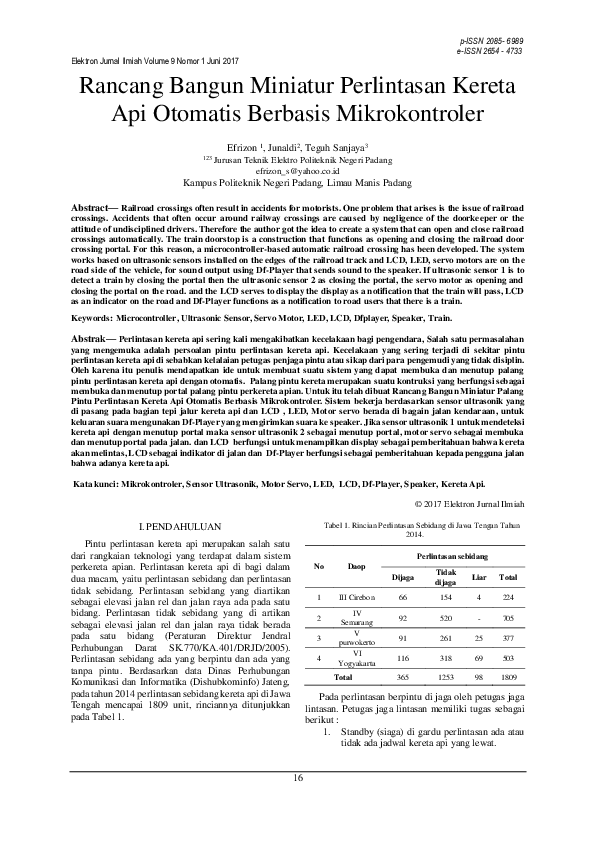 Pdf Rancang Bangun Miniatur Perlintasan Kereta Api Otomatis Berbasis Mikrokontroler