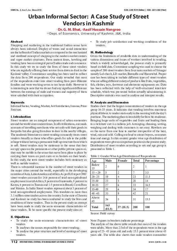 (PDF) Urban Informal Sector: A Case Study of Street Vendors in Kashmir