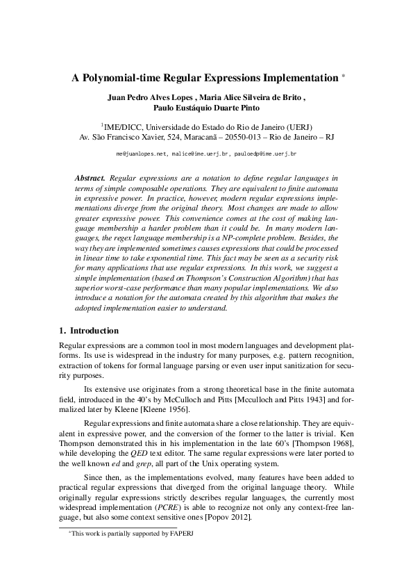 Pdf A Polynomial Time Regular Expressions Implementation Juan Lopes 9094