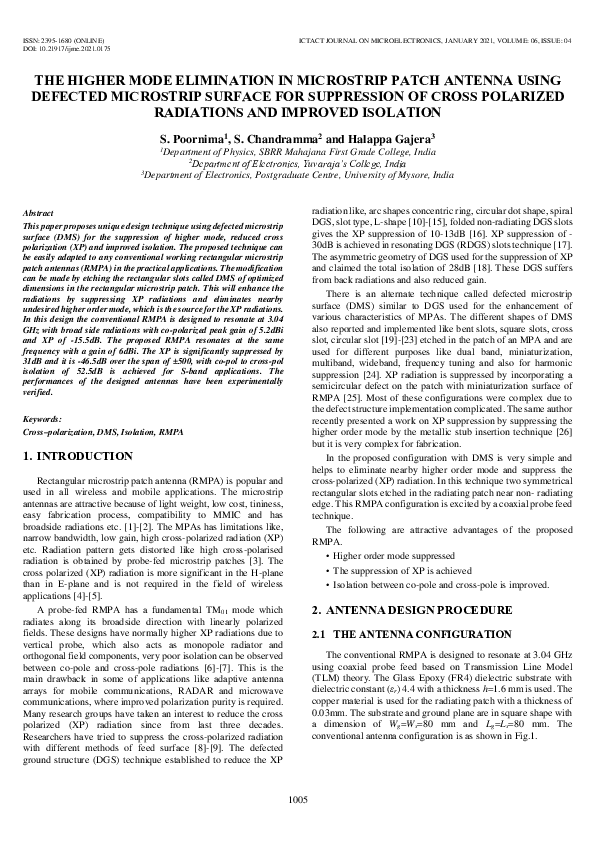 Pdf The Higher Mode Elimination In Microstrip Patch Antenna Using Defected Microstrip Surface