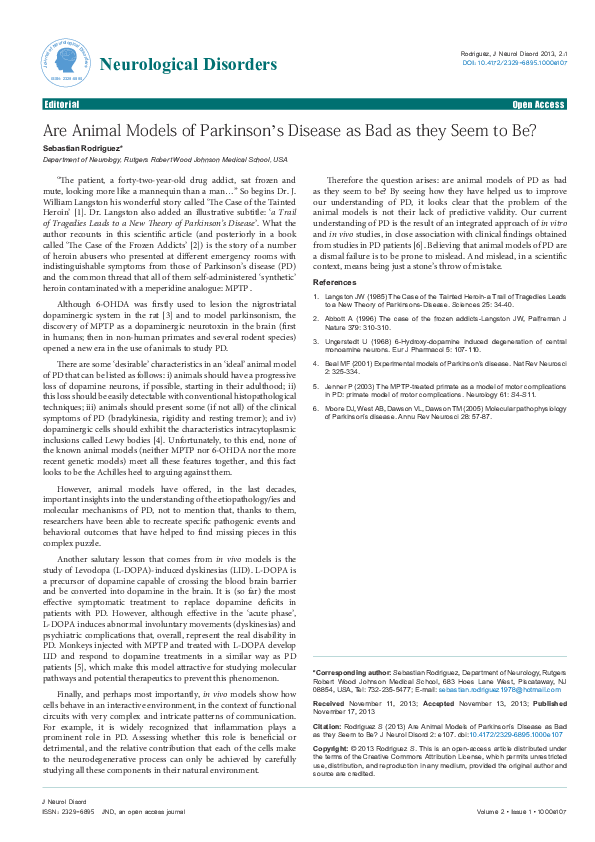(PDF) Are Animal Models of Parkinson’s Disease as Bad as they Seem to Be?