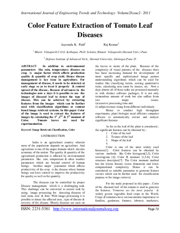 Pdf Color Feature Extraction Of Tomato Leaf Diseases Jayamala Patil