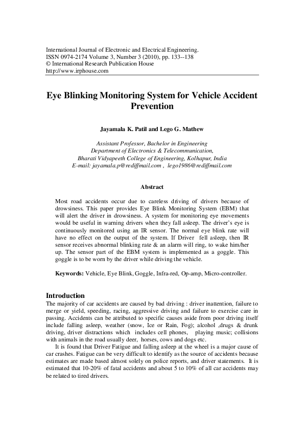 (PDF) Eye Blinking Monitoring System for Vehicle Accident Prevention