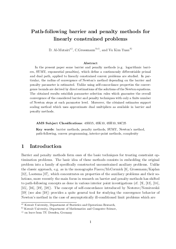 (PDF) Path-following barrier and penalty methods for linearly constrained problems