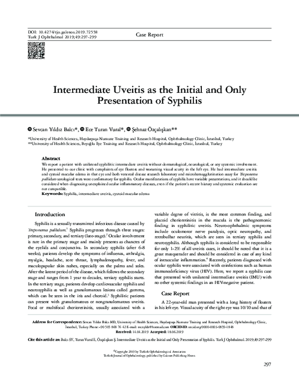(PDF) Intermediate Uveitis as the Initial and Only Presentation of Syphilis