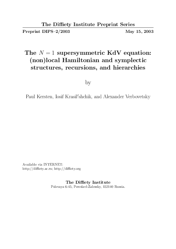 (PDF) The N = 1 supersymmetric KdV equation: (non)local Hamiltonian and symplectic structures ...