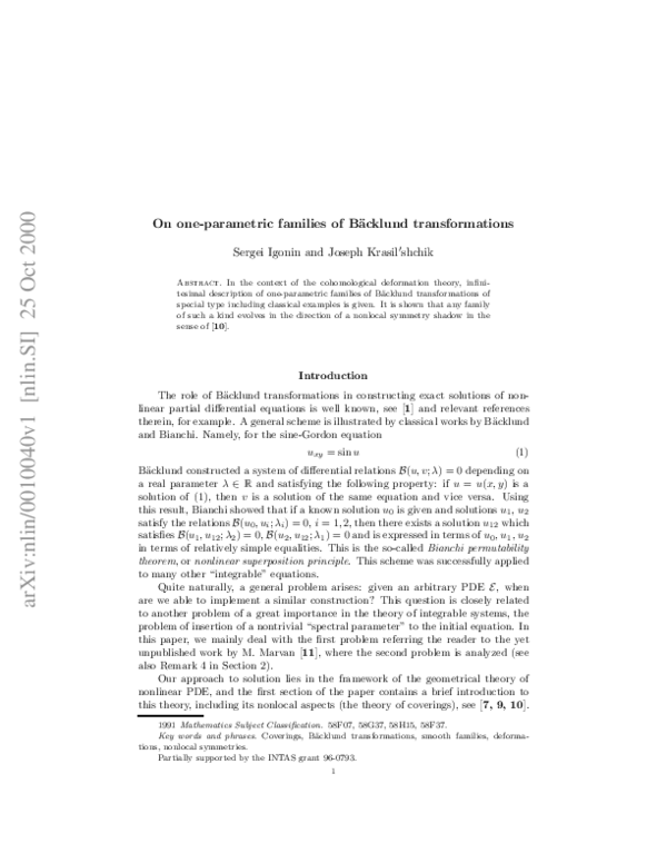 (PDF) On One-Parametric Families of Bäcklund Transformations | Joseph Krasilshchik - Academia.edu
