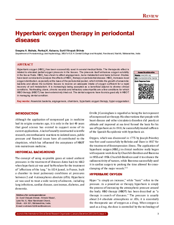 (PDF) Hyperbaric oxygen therapy in periodontal diseases