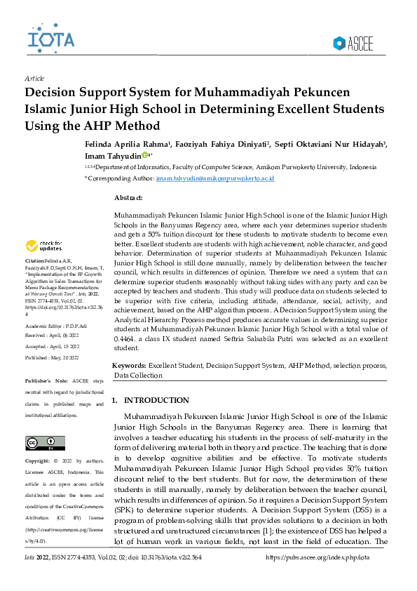 (PDF) Decision Support System for Muhammadiyah Pekuncen Islamic Junior High School in ...