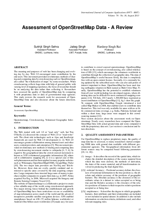 (PDF) Assessment of OpenStreetMap Data - A Review