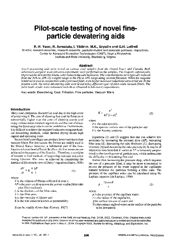 (PDF) Pilot-scale testing of novel fine-particle dewatering aids
