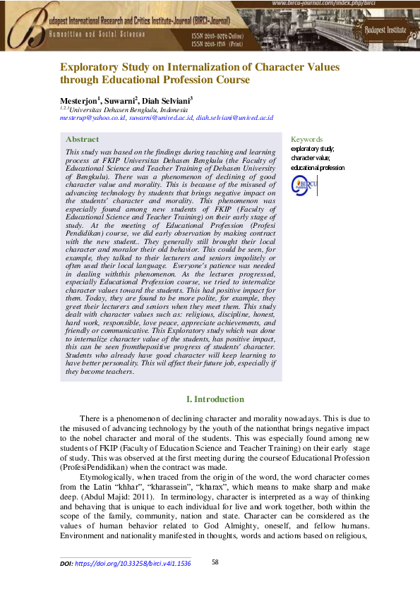 (PDF) Exploratory Study on Internalization of Character Values through ...