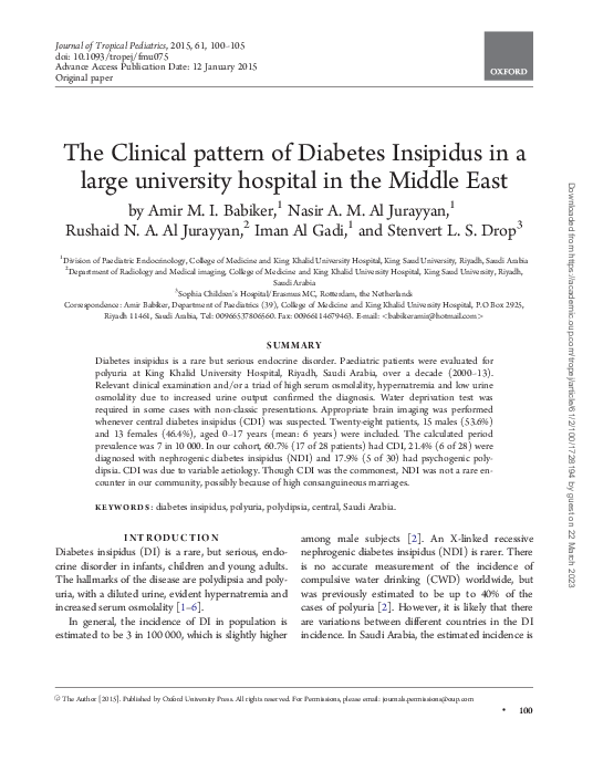 (PDF) The Clinical pattern of Diabetes Insipidus in a large university ...