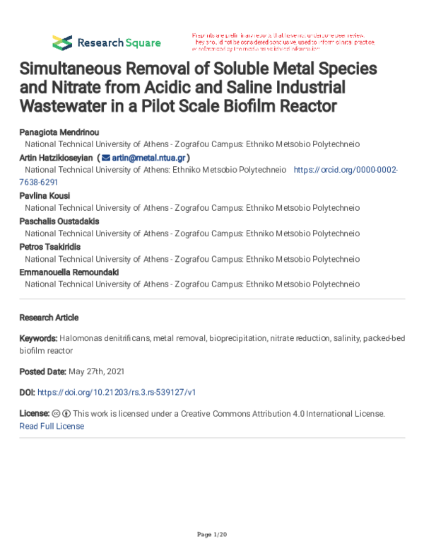 (PDF) Simultaneous Removal of Soluble Metal Species and Nitrate from Acidic and Saline ...