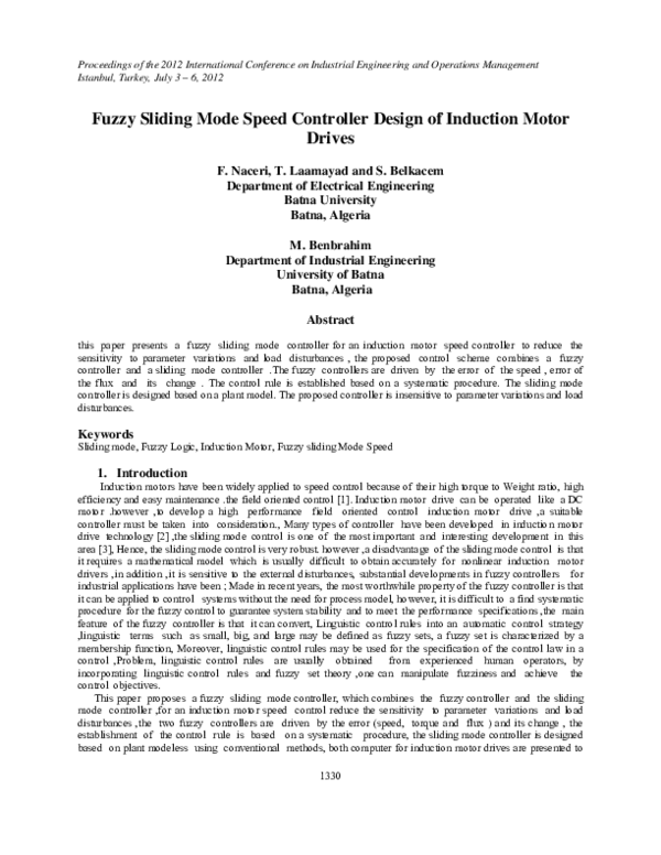 Pdf Fuzzy Sliding Mode Speed Controller Design Of Induction Motor Drives