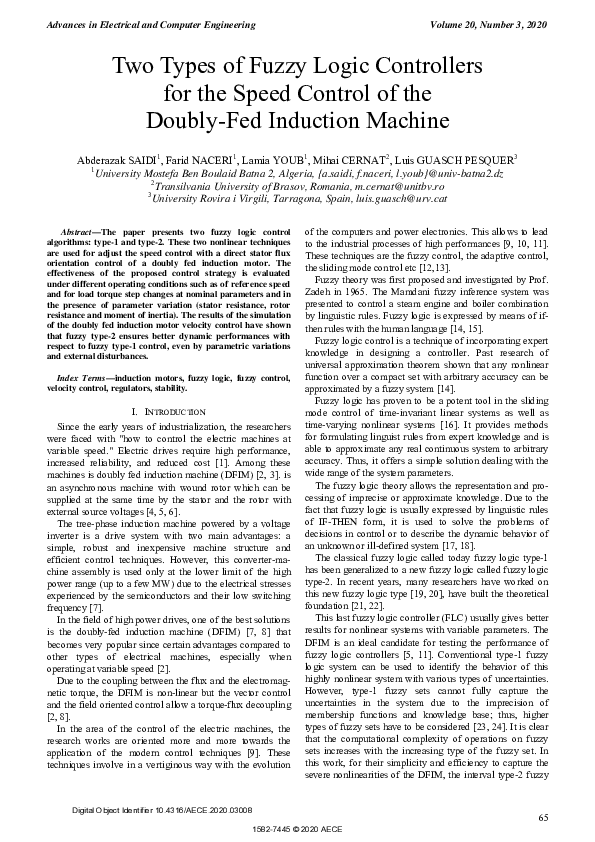 Pdf Two Types Of Fuzzy Logic Controllers For The Speed Control Of The