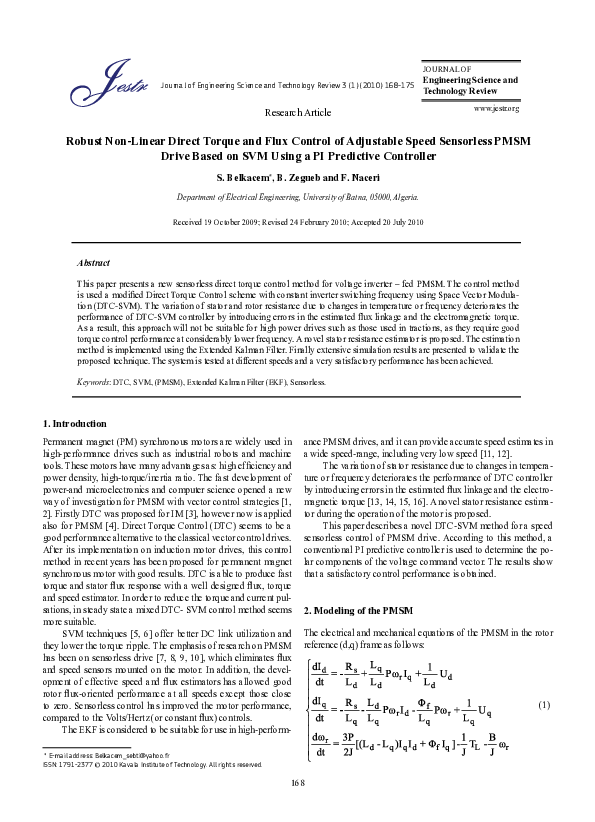 (PDF) Robust Non-Linear Direct Torque and Flux Control of Adjustable Speed Sensorless PMSM Drive ...