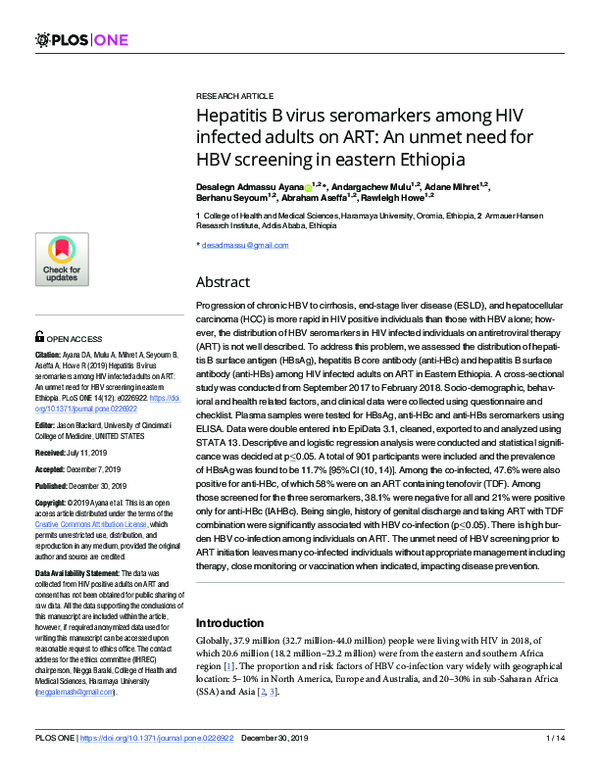 (PDF) Hepatitis B virus seromarkers among HIV infected adults on ART ...