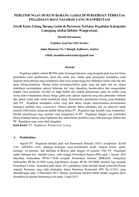 (DOC) Perlindungan Hukum Barang Gadai DI Perseroan Terbatas Pegadaian ...