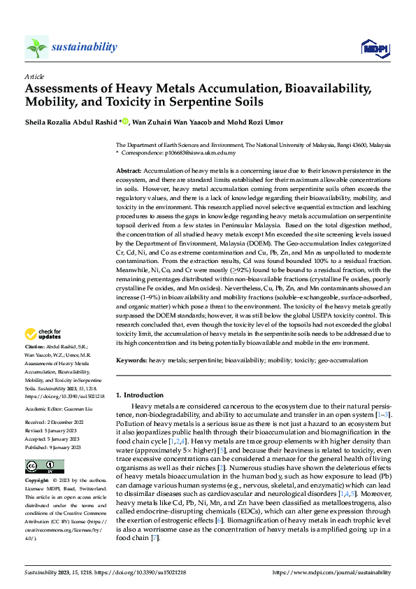 (PDF) Assessments of Heavy Metals Accumulation, Bioavailability, Mobility, and Toxicity in ...