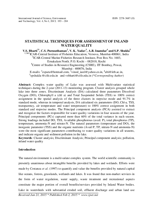 Pdf Statistical Techniques For Assessment Of Inland Water Quality