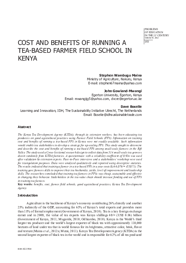 (PDF) Cost and Benefits of Running a Tea-Based Farmer Field School in Kenya