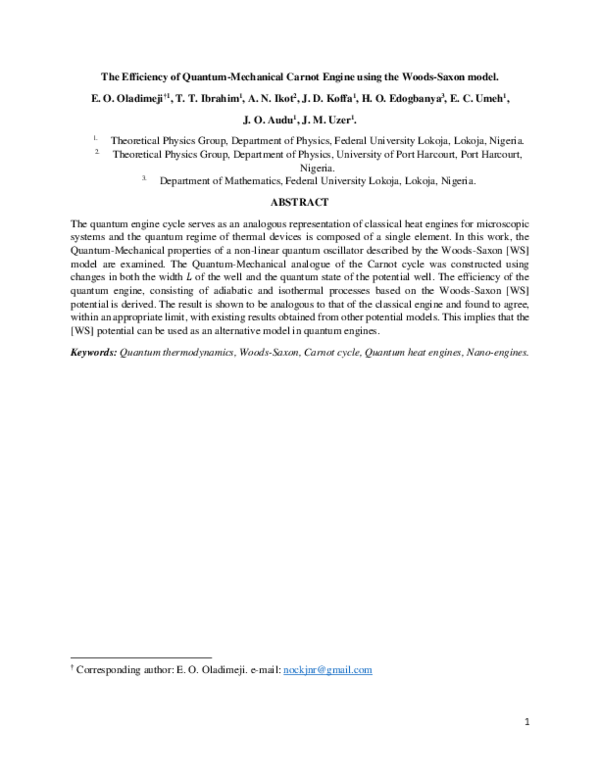(PDF) The efficiency of Quantum Mechanical Carnot Engine using the Woods Saxon model