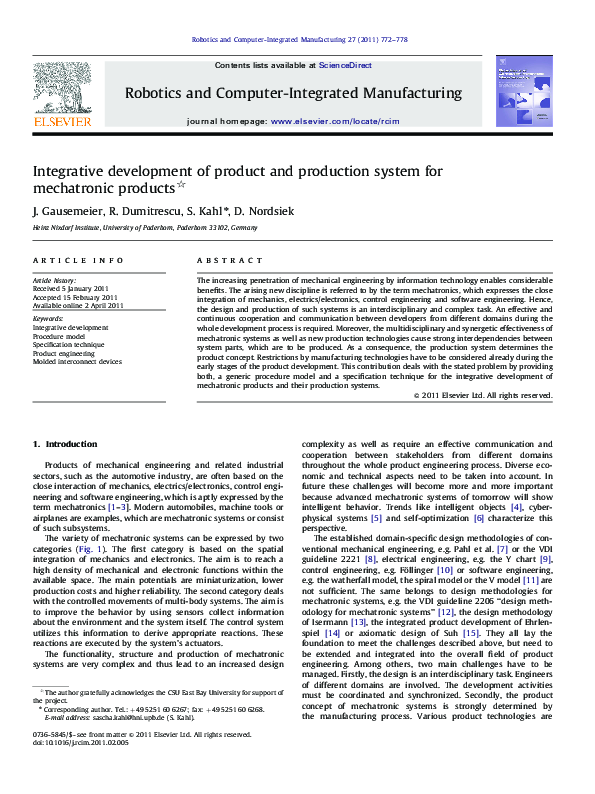 (PDF) Integrative development of product and production system for mechatronic products