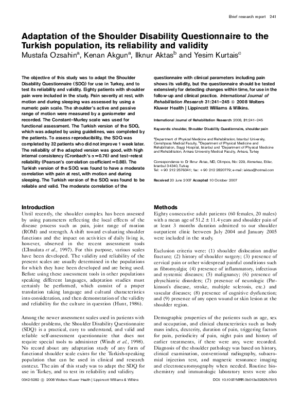 (PDF) Adaptation of the Shoulder Disability Questionnaire to the ...