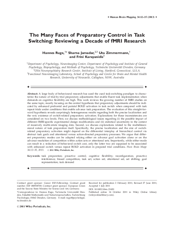 (PDF) The many faces of preparatory control in task switching: Reviewing a decade of fMRI research