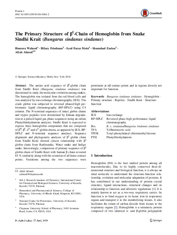 (PDF) The Primary Structure of βI-Chain of Hemoglobin from Snake Sindhi ...