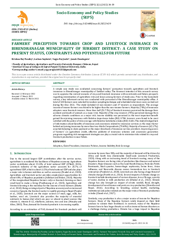 (PDF) Farmers' Perception Towards Crop and Livestock Insurance in Birendranagar Municipality of ...